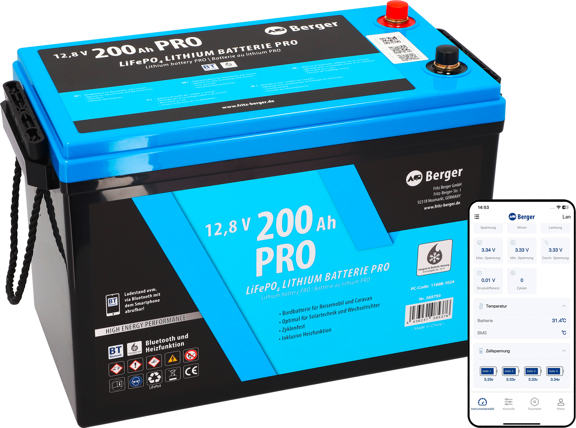 Berger LiFePO4 lithium accu 200 Ah 12 V met Bluetooth en verwarming ...