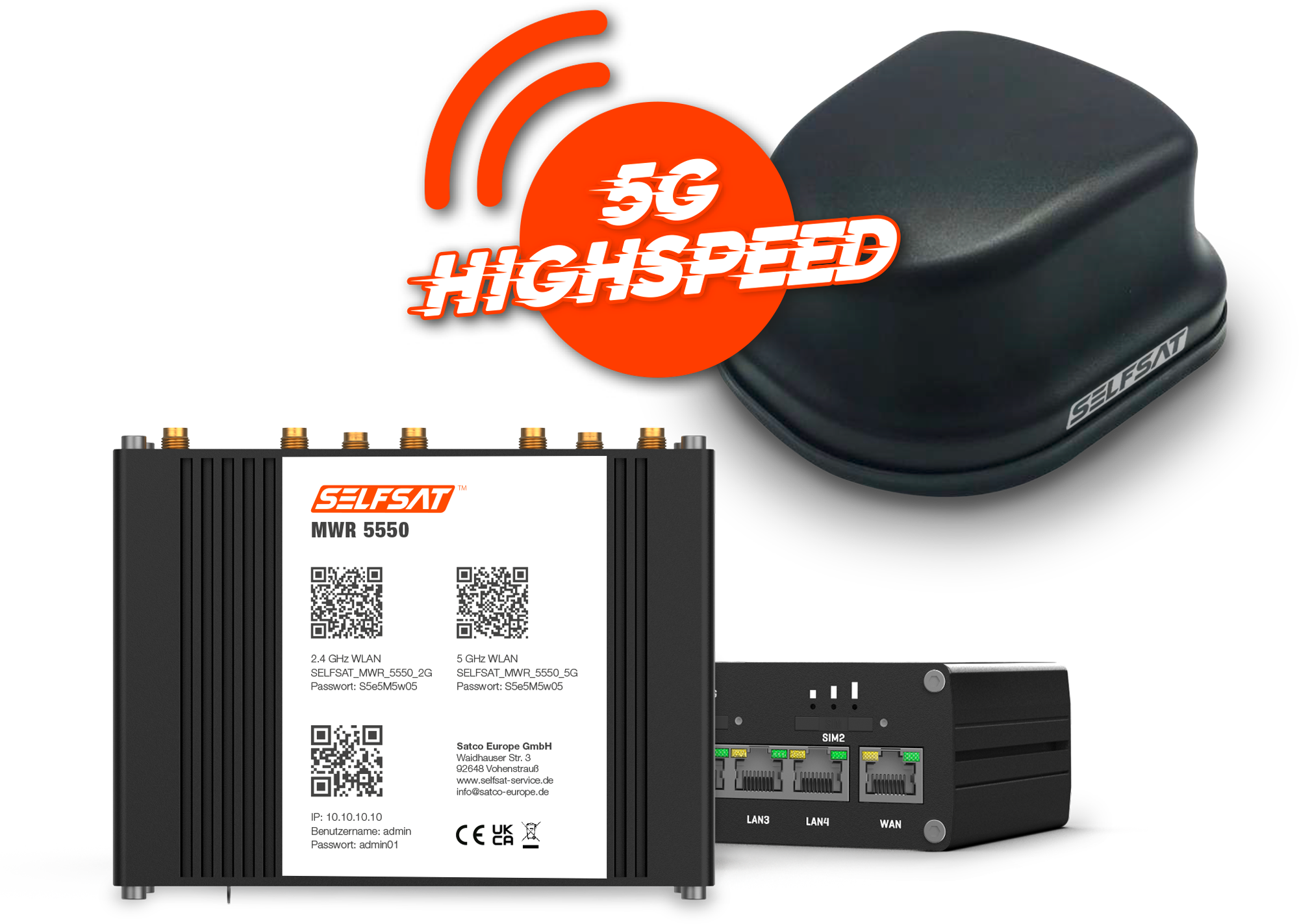 Selfsat 4G / LTE / 5G & WLAN Internet Router Komplettset MWR 5550 bis 3,3 Gbps inkl. 5G ...